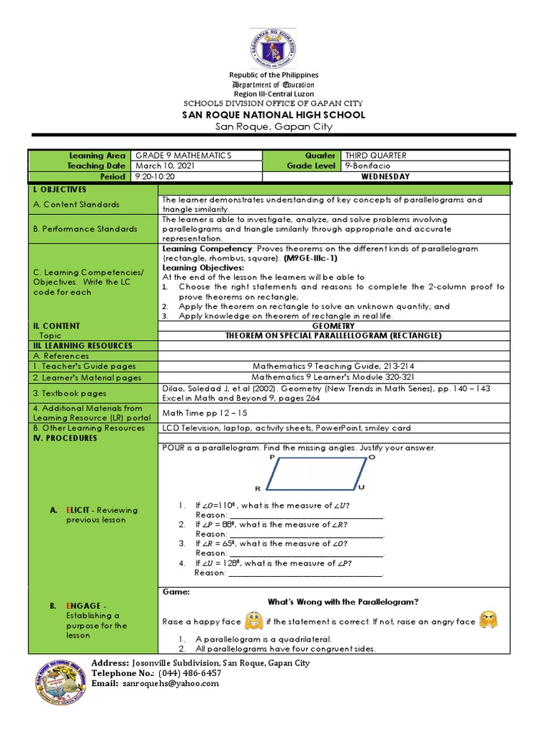 Grade 9 Geometry Lesson Plan | PDF | Rectangle | Elementary Geometry