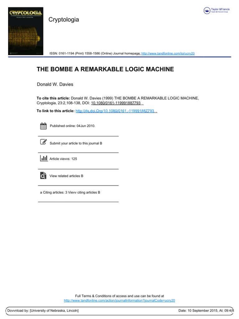 The Bombe A Remarkable Logic Machine: Cryptologia | PDF | Cryptanalysis ...
