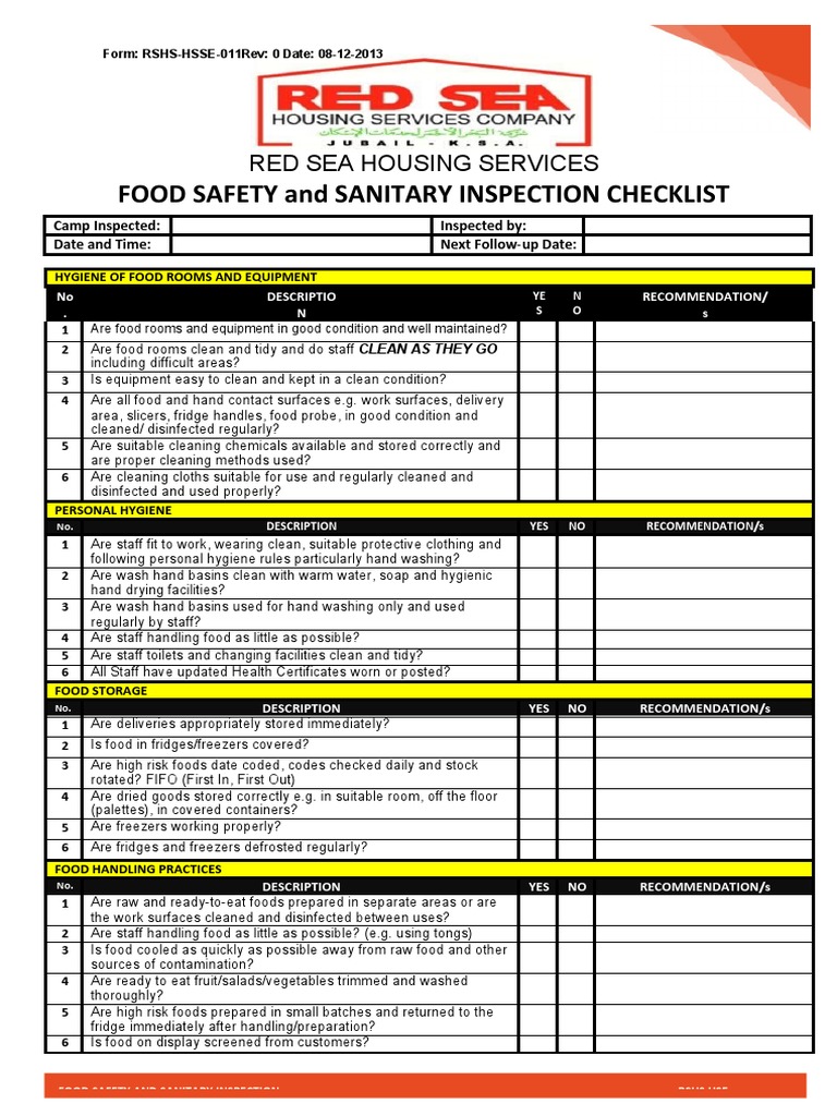 Food Safety and Sanitary Inspection Checklist: Red Sea Housing Services ...