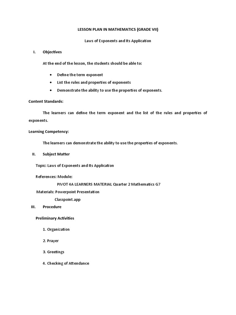 Grade 7 Math: Laws of Exponents Lesson | PDF | Lesson Plan | Exponentiation