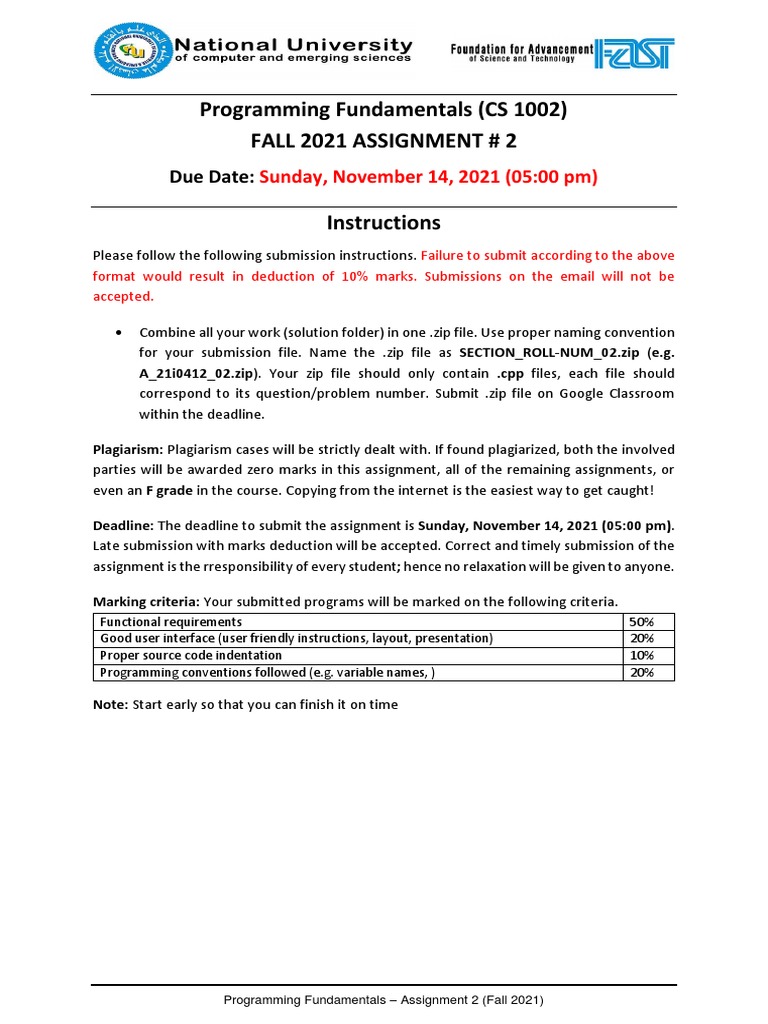 Programming Fundamentals (CS 1002) Fall 2021 Assignment # 2: Due Date ...