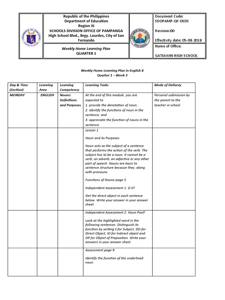 Eng8 WHLP Q1 W3 | PDF | Noun | Verb