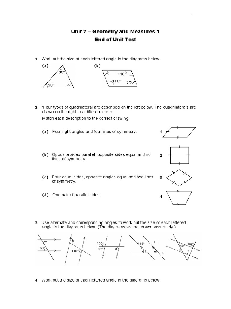 Unit 2 - Geometry and Measures 1 End of Unit Test | PDF | Angle | Geometry