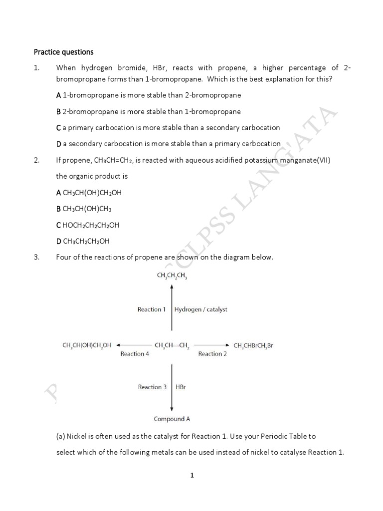 Alkenes Reaction Practice Questions | PDF | Alkene | Chemical Reactions