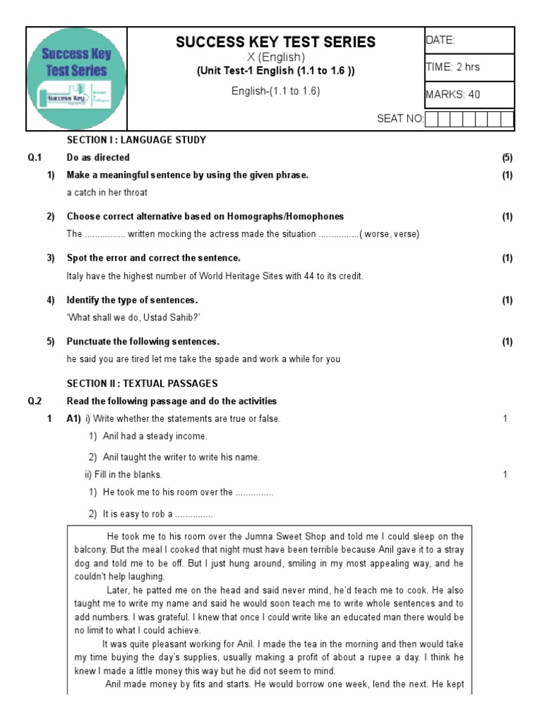 Class 10 E Unit Test-1 English Q | PDF