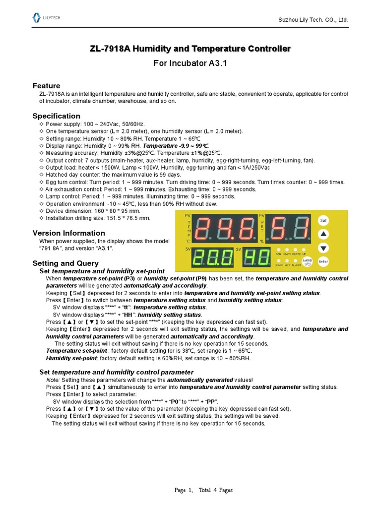ZL-7918A Humidity and Temperature Controller | PDF | Humidity | Parameter (Computer Programming)