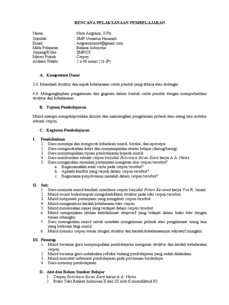 RPP 1 LEMBAR - Bindo Kelas 9 - KD 3.6 | PDF