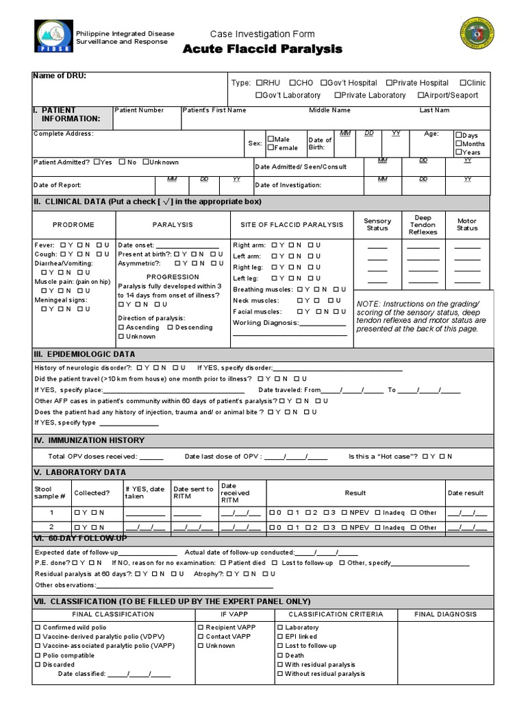 Acute Flaccid Paralysis: Case Investigation Form | PDF | Clinical ...