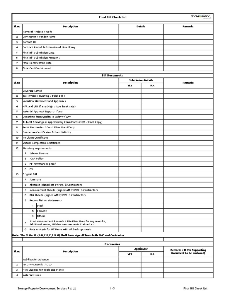 Final Bill Checklist Synergy | PDF | Government | Economies