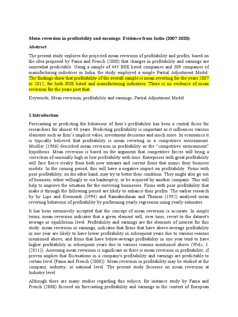 Mean Reversion in Profitability and Earnings: Evidence From India (2007 ...