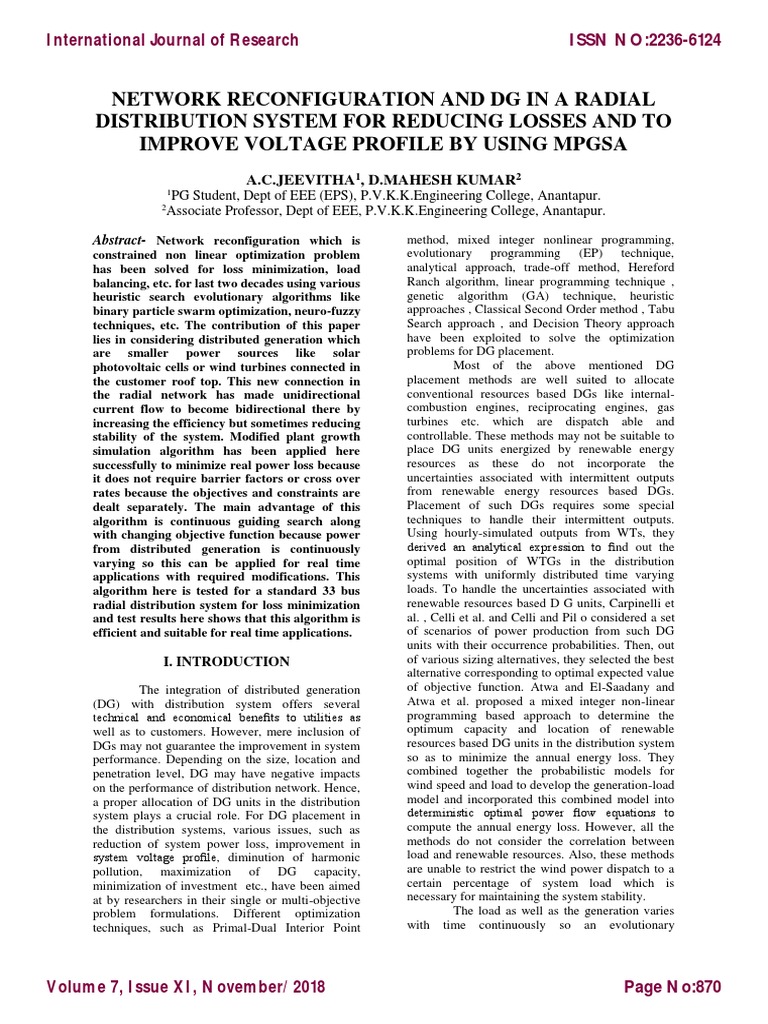 Network Reconfiguration And Dg In A Radial Distribution System For Reducing Losses And To
