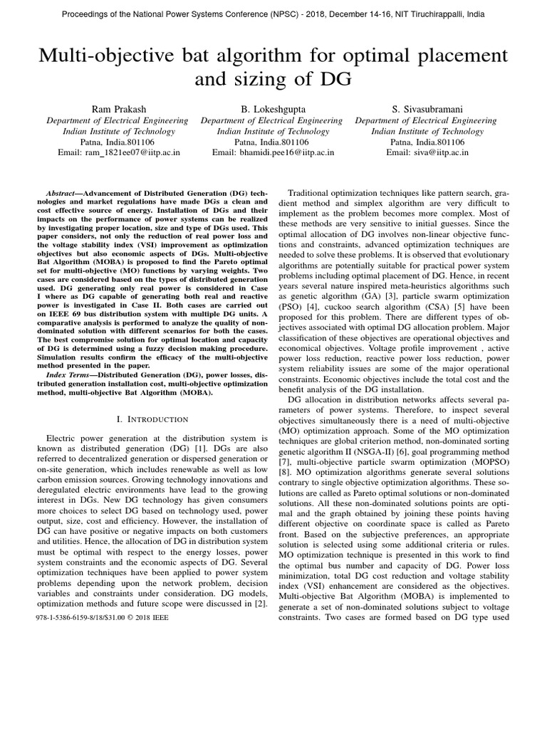 Multi-Objective Bat Algorithm For Optimal Placement and Sizing of DG | Download Free PDF ...