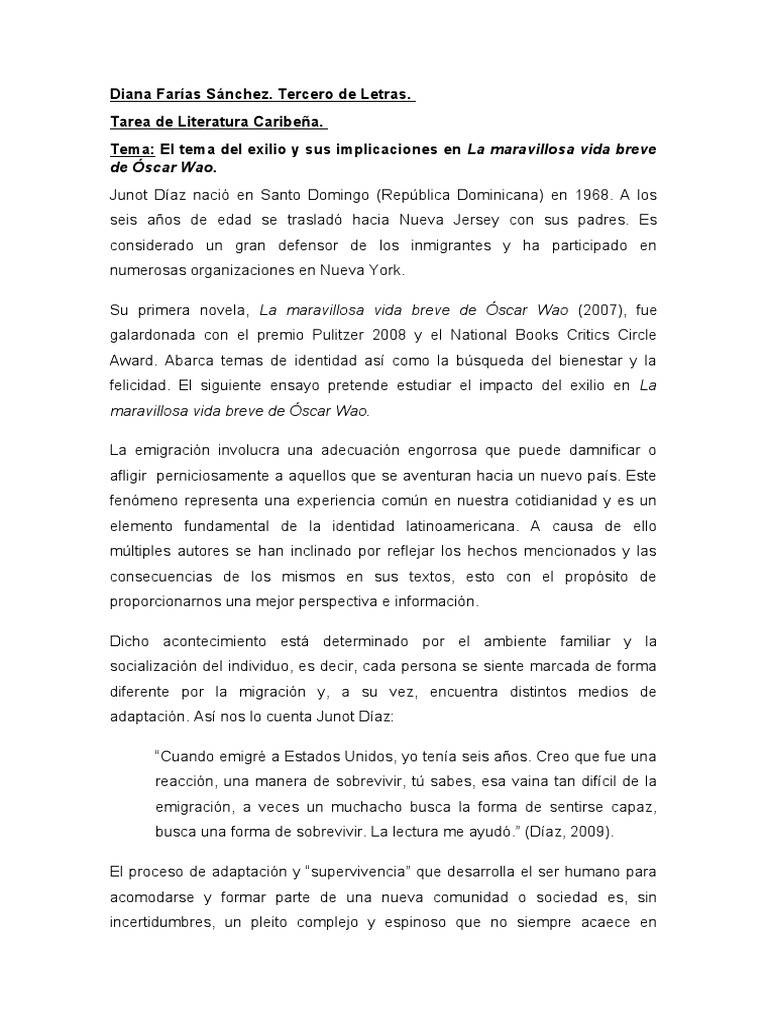 Exilio y Cultura en Óscar Wao | PDF