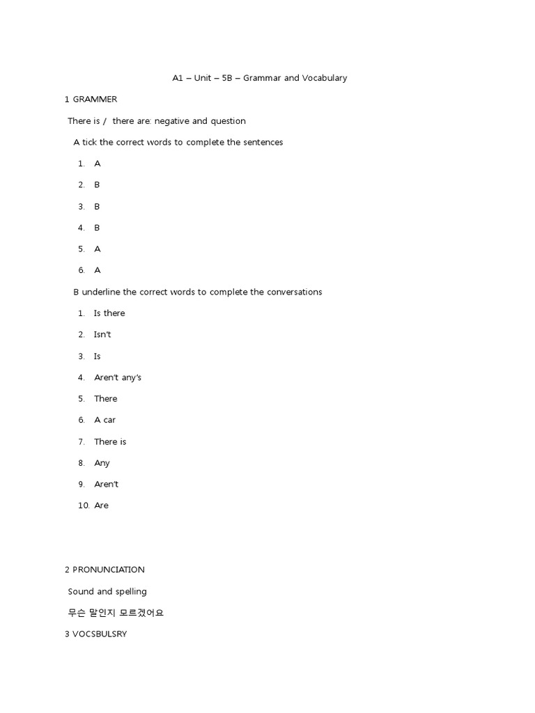 A1 - Unit - 5B - Grammar and Vocabulary | PDF | Language Arts & Discipline
