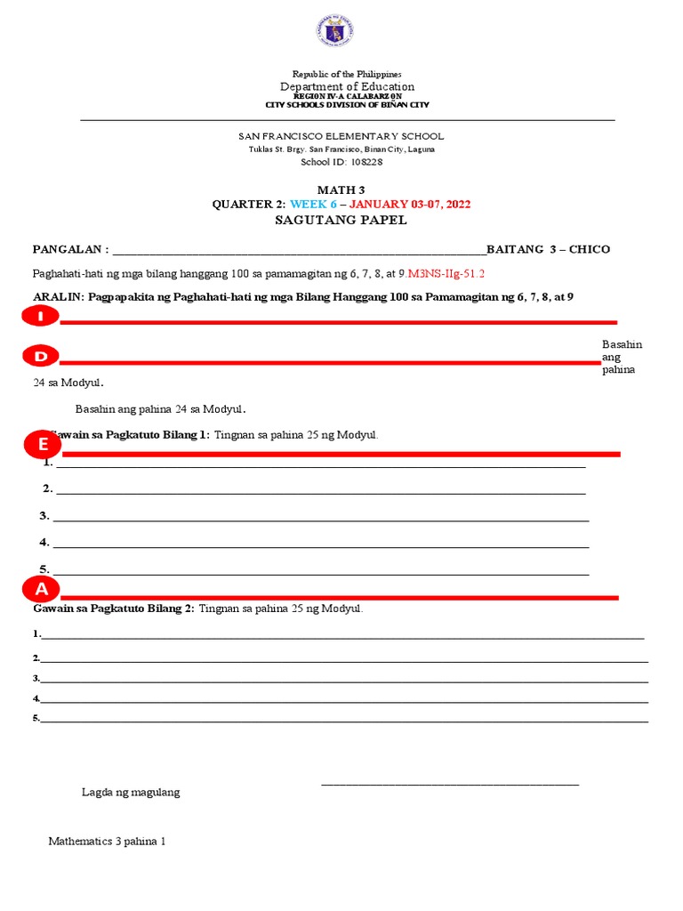 Q2 Week 6 8 Math 3 Answer Sheet | PDF