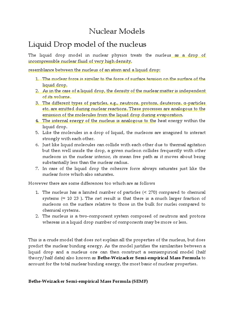 Nuclear Models Liquid Drop Model of The Nucleus: Bethe-Weizacker Semi ...
