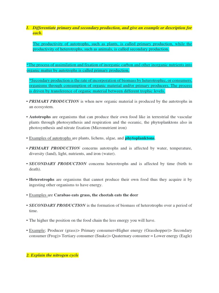 Differentiate Primary and Secondary Production, and Give An Example or ...