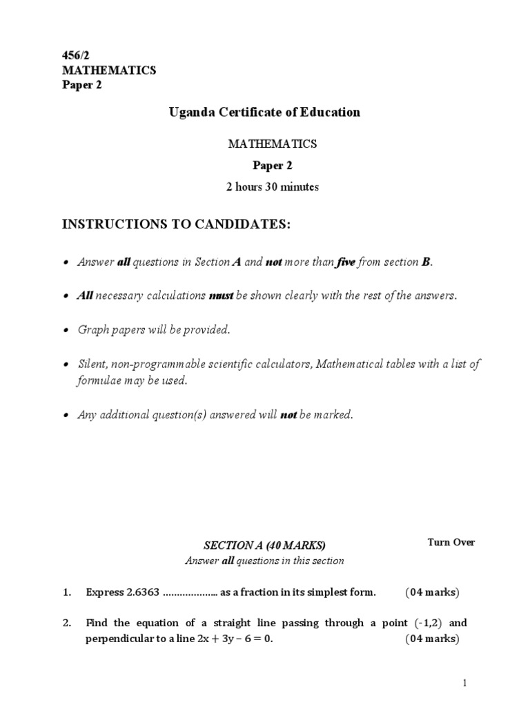 Uganda Certificate of Education: 456/2 Mathematics Paper 2 | PDF ...