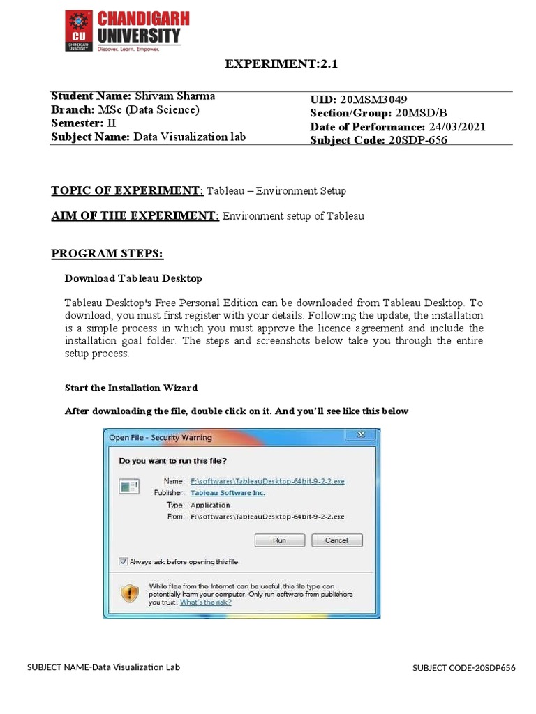 Experiment:2.1:: Tableau - Environment Setup: Environment Setup of Tableau | Download Free PDF ...