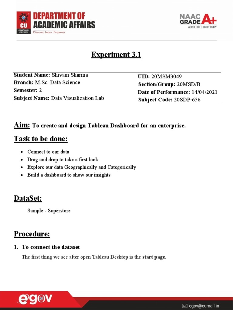 Experiment 3.1: To Create and Design Tableau Dashboard For An Enterprise | PDF | Double Click ...