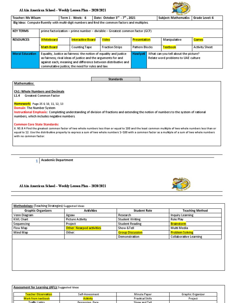 Grade 6 Math: GCF & LCM Mastery | PDF | Integer | Behavior Modification