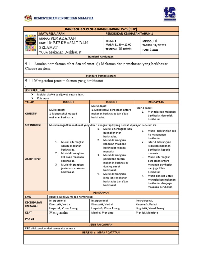 RPH PK Tahun 1 | PDF