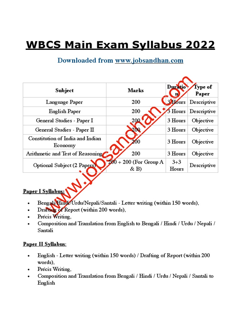 WBCS Main Exam Syllabus 2022: Subject Marks Duratio N Type of Paper ...