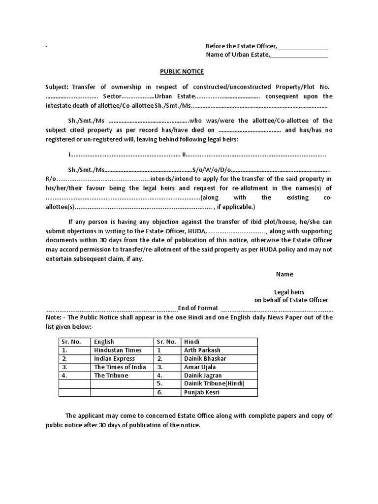 Public Notice for Property Transfer | PDF | Common Law | Justice