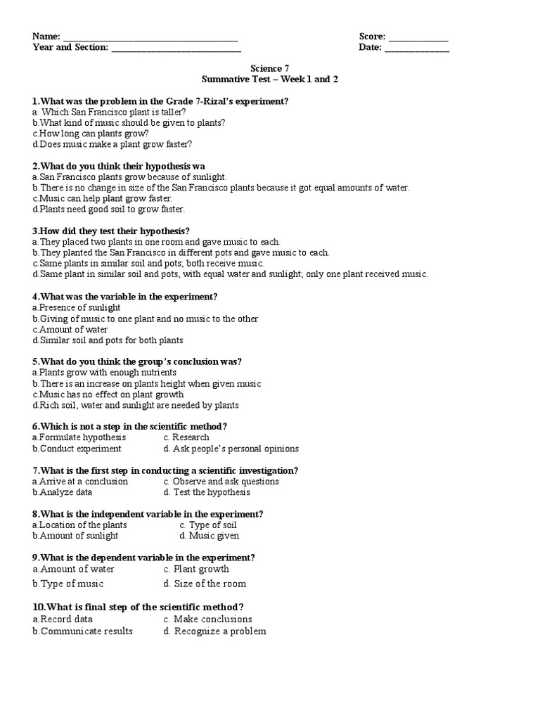 Science 7 Quarter 1 Summative Test | PDF | Mixture | Chemical Substances
