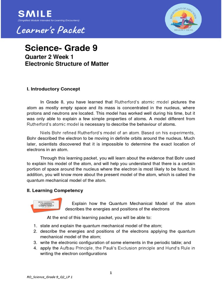 Science-Grade 9: Quarter 2 Week 1 Electronic Structure of Matter | PDF ...