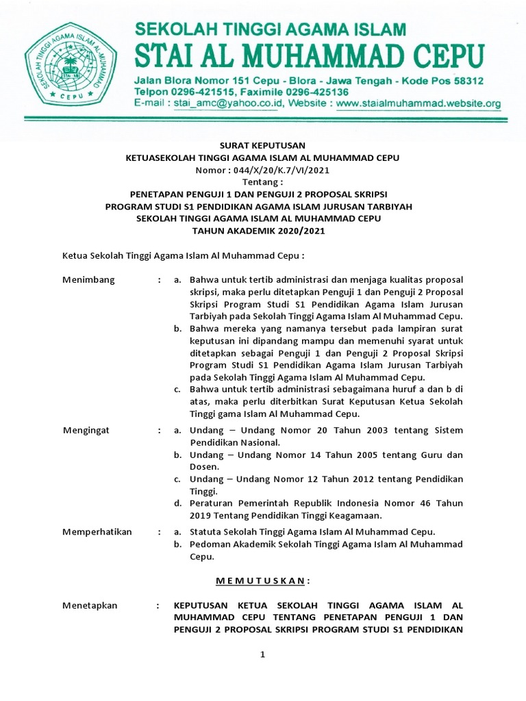 SK Penguji Proposal Skripsi 2020-2021 Pai Gel I | PDF