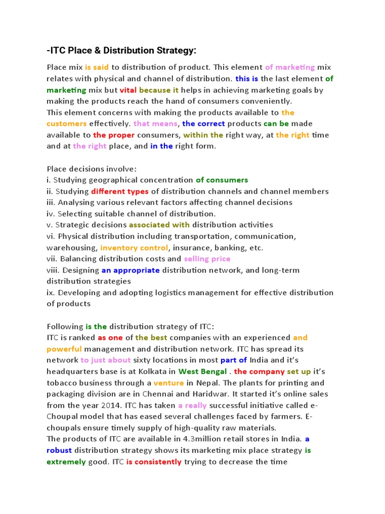 ITC Place & Distribution Strategy:: of Marketing | PDF | Marketing ...