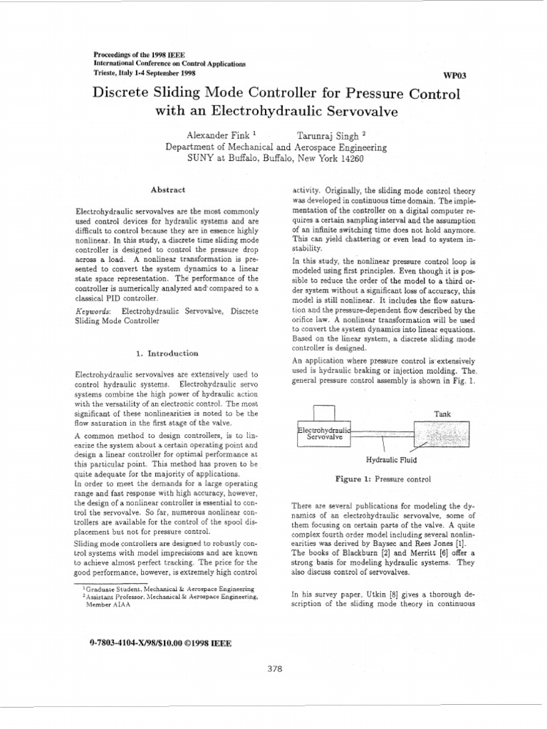 Discrete Sliding Mode Controller For Pressure Control With An Electrohydraulic Servovalve | PDF ...