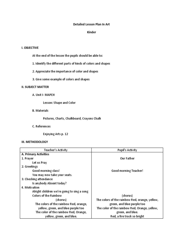 Kindergarten Lesson Plan: Shapes & Colors | PDF | Color | Green