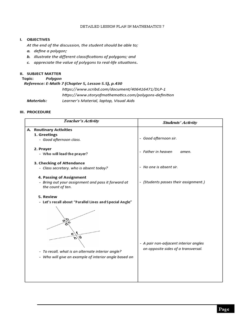 Detailed Lesson Plan in Mathematics 7 | PDF | Polygon | Angle