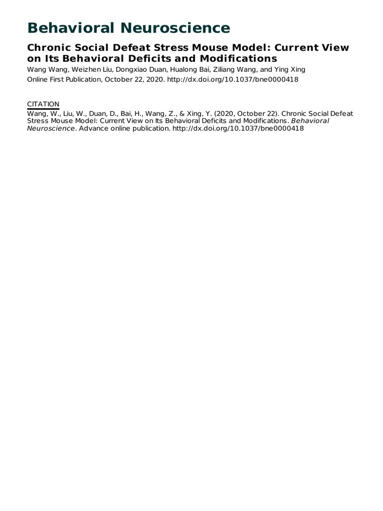 Chronic Social Defeat Stress Mouse Model | PDF | Stress (Biology ...