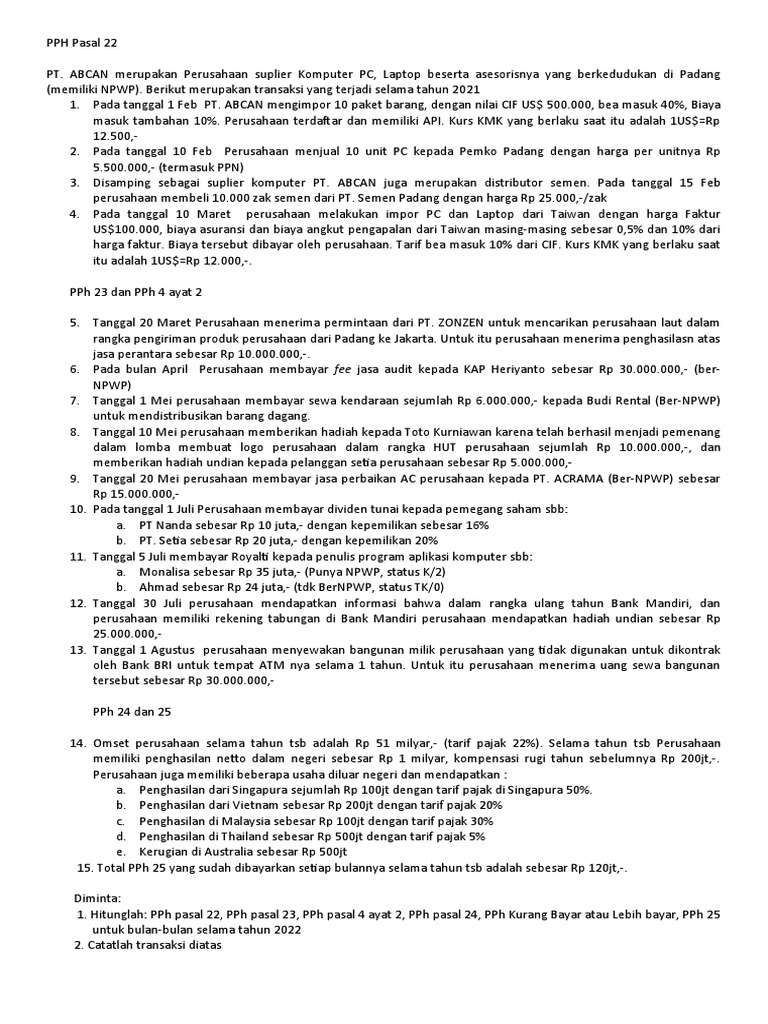 CTH Soal PPH 22, 23, 4@2 | PDF | Bisnis