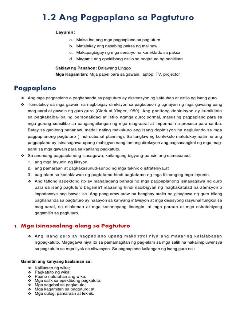 1.2 Ang Pagpaplano Sa Pagtuturo | PDF