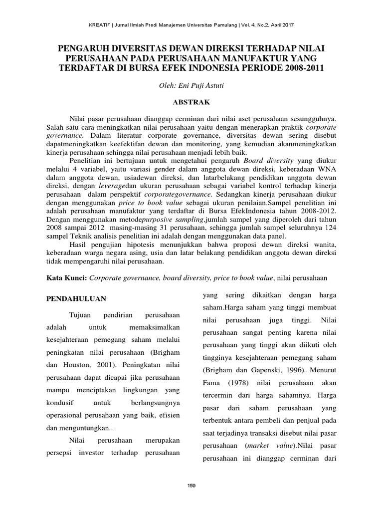 Pengaruh Diversitas Dewan Direksi Terhadap Nilai Perusahaan Pada Perusahaan Manufaktur Yang ...