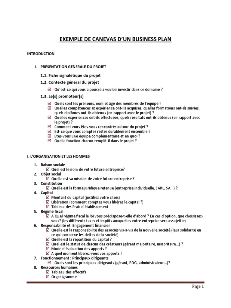 Exemple Du Canevas Du Business Plan | PDF | Business | Sodles