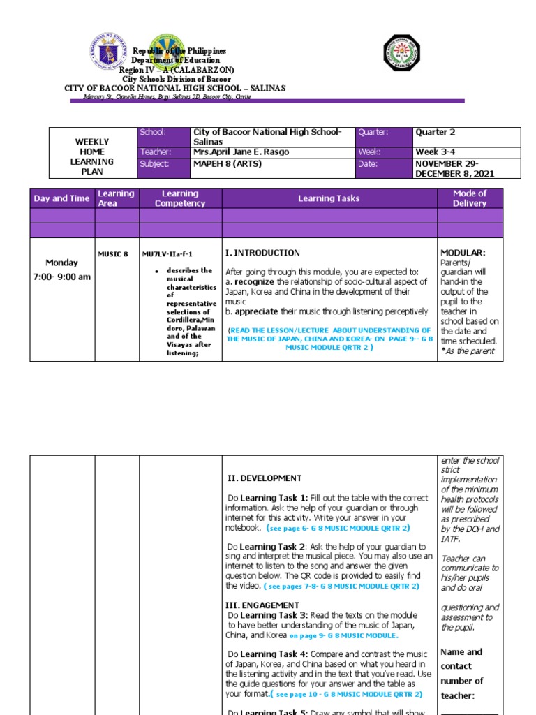 Q2 WHLP Mapeh Music 8 Week 1 | PDF | Linguistics | Cognition