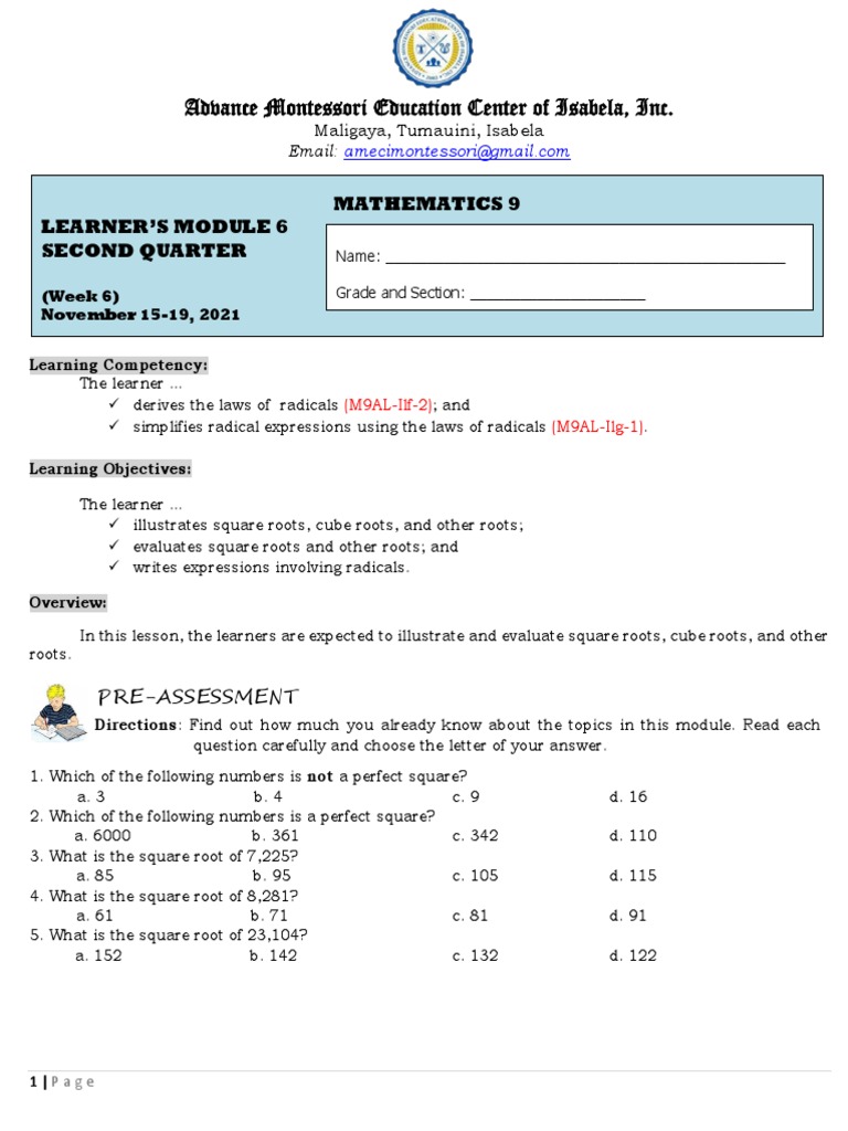 Advance Montessori Education Center of Isabela, Inc.: Mathematics 9 ...