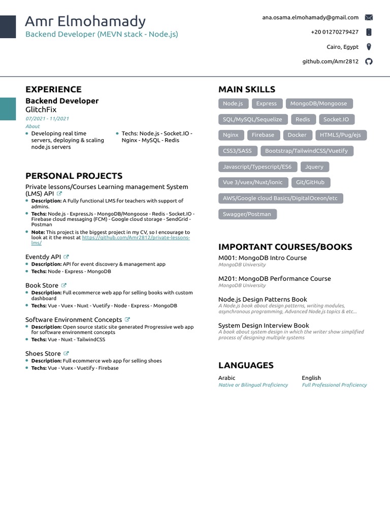 Backend Node - Js Developer Resume | PDF | Web Application | Mongo Db