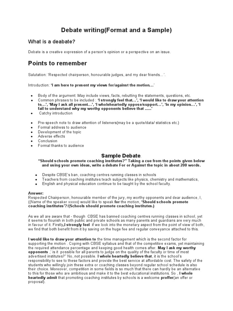 Debate Writing (Format and A Sample) : What Is A Deabate? | PDF