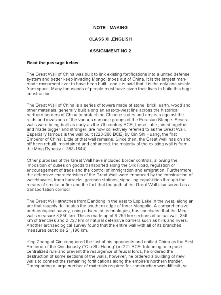 Note - Making Class Xi, English Assignment No.2 Read The Passage Below ...