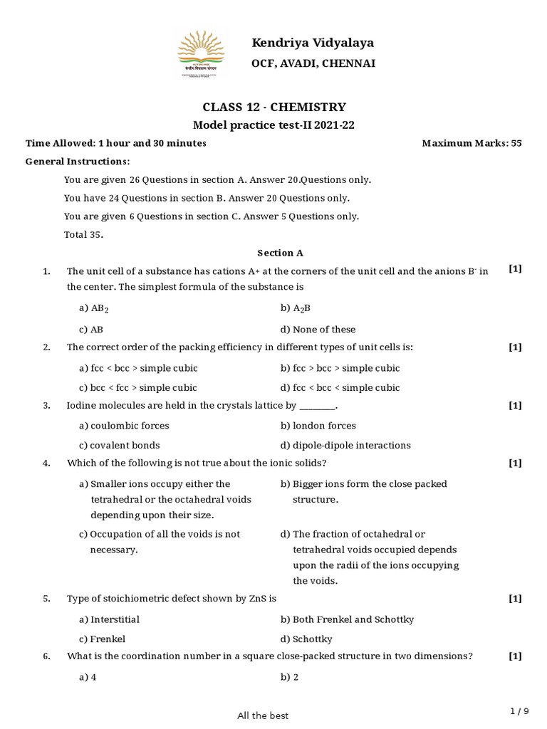 Model practice test-II 2021-22: An assessment of chemistry concepts for ...