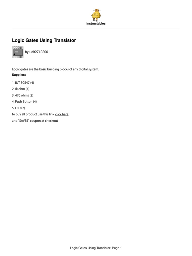 Logic Gates Using Transistor: by Udit27122001 | PDF