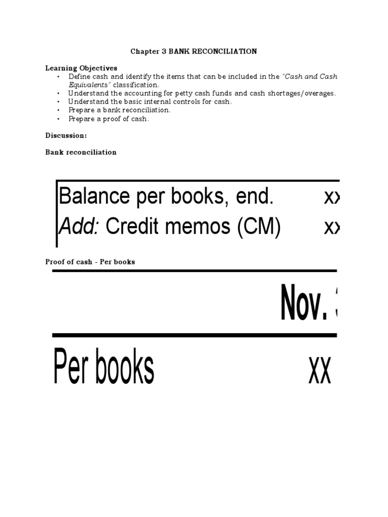 Balance Per Books, End. XX XX: Add: Credit Memos (CM) | PDF | Deposit ...