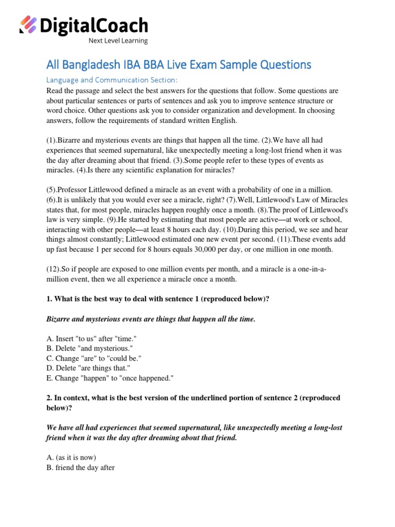 All Bangladesh IBA BBA Live Exam Sample Paper | PDF | Mean | Aurora