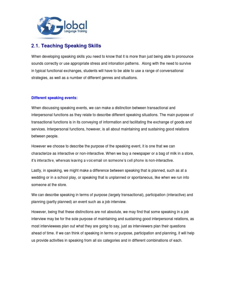 Teaching Speaking Skills | PDF | Lecture | Teachers